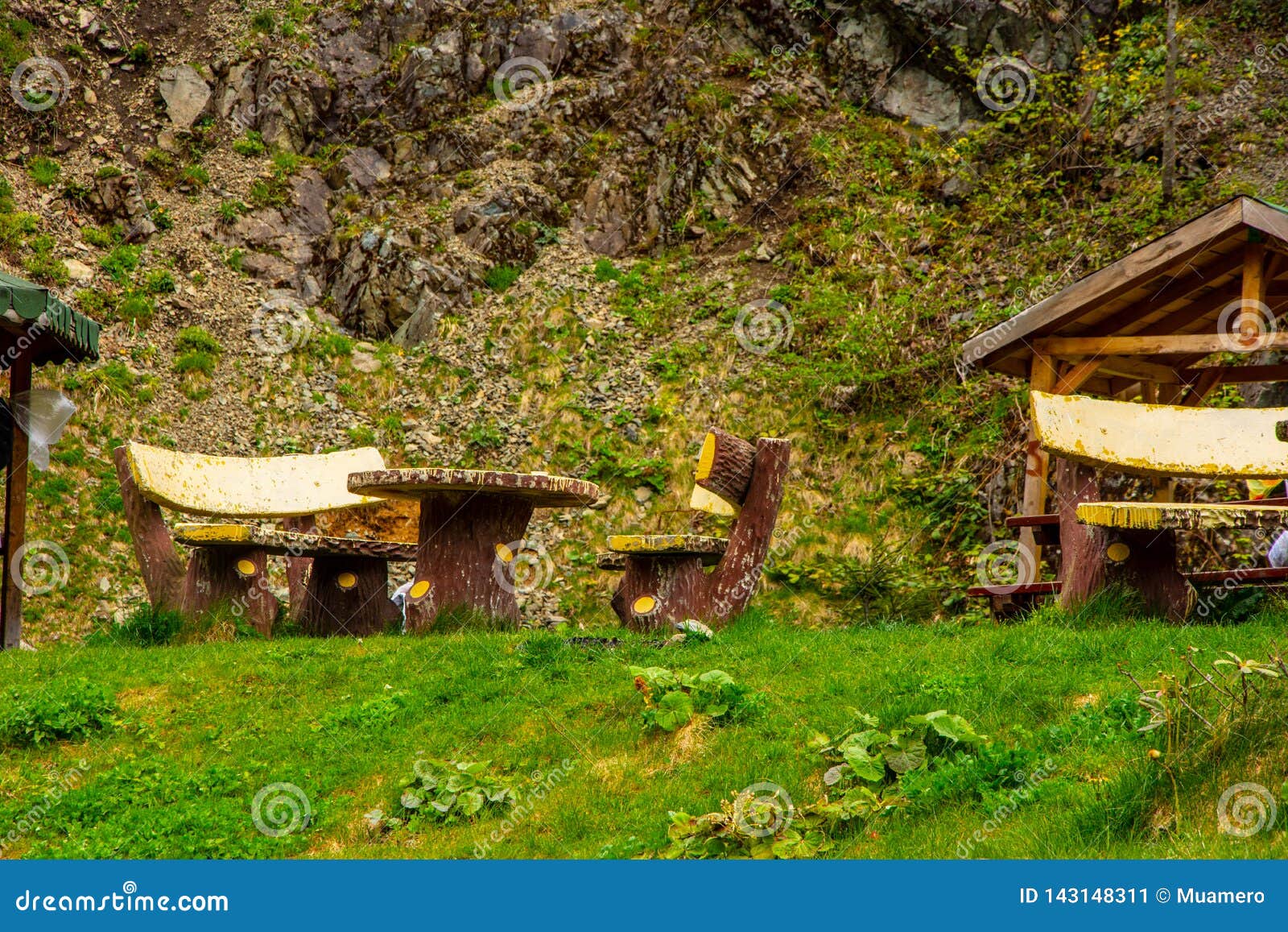 Wooden Table and Benches in the Park Stock Image - Image of vacation ...