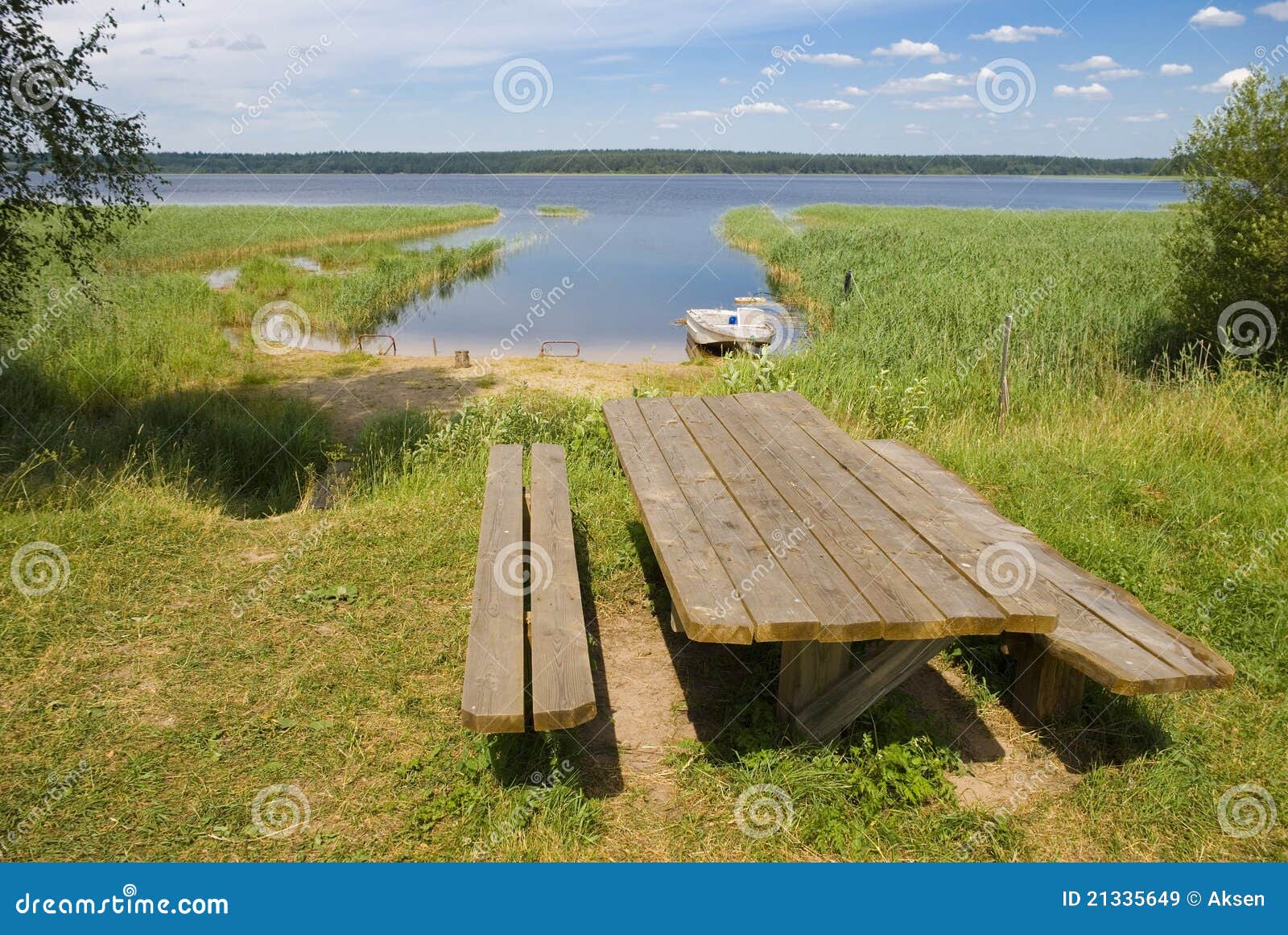 Wooden Table with Benches on the Shore of Lake Stock Image - Image of ...