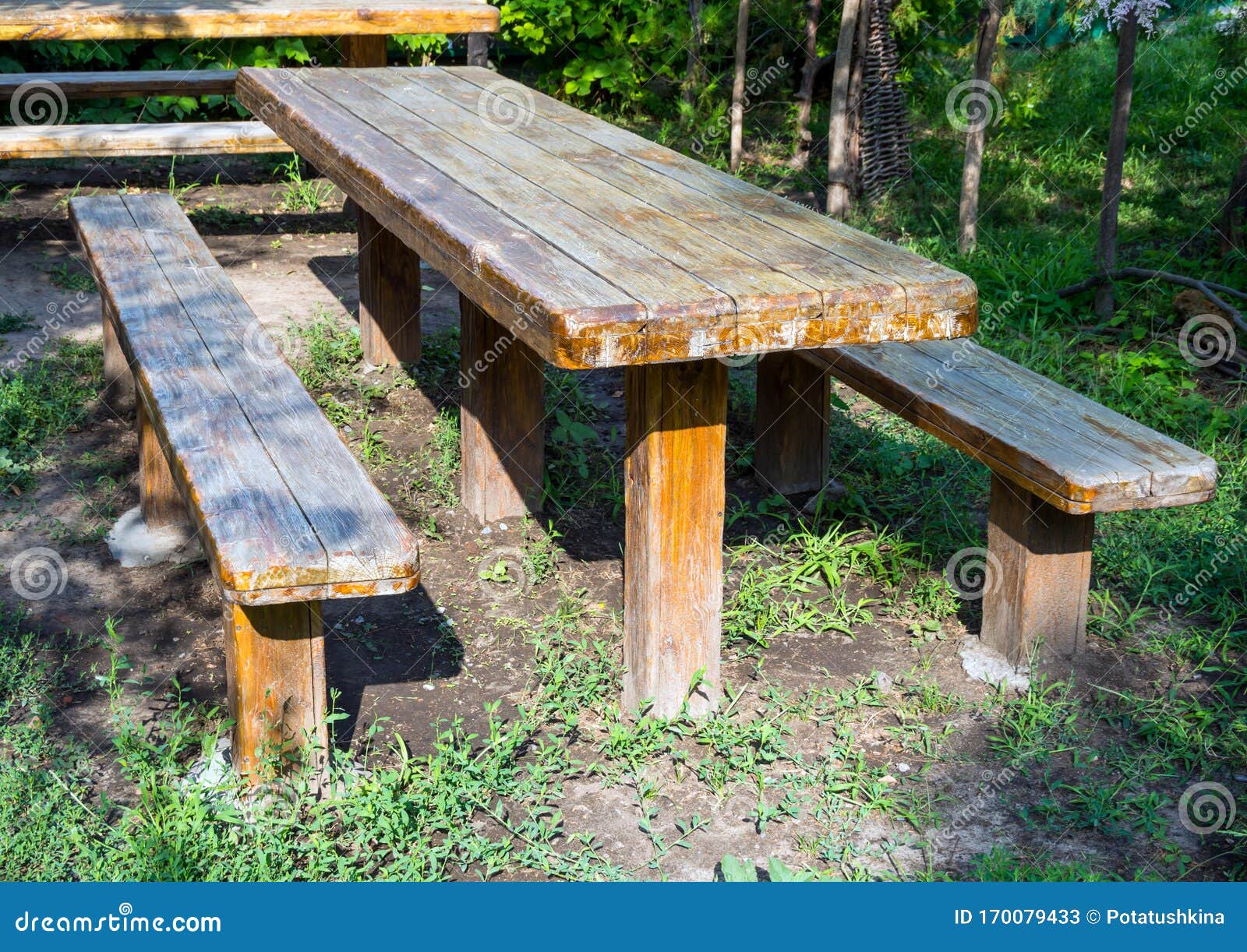 Wooden Table and Benches in the Summer Garden Stock Image - Image of ...