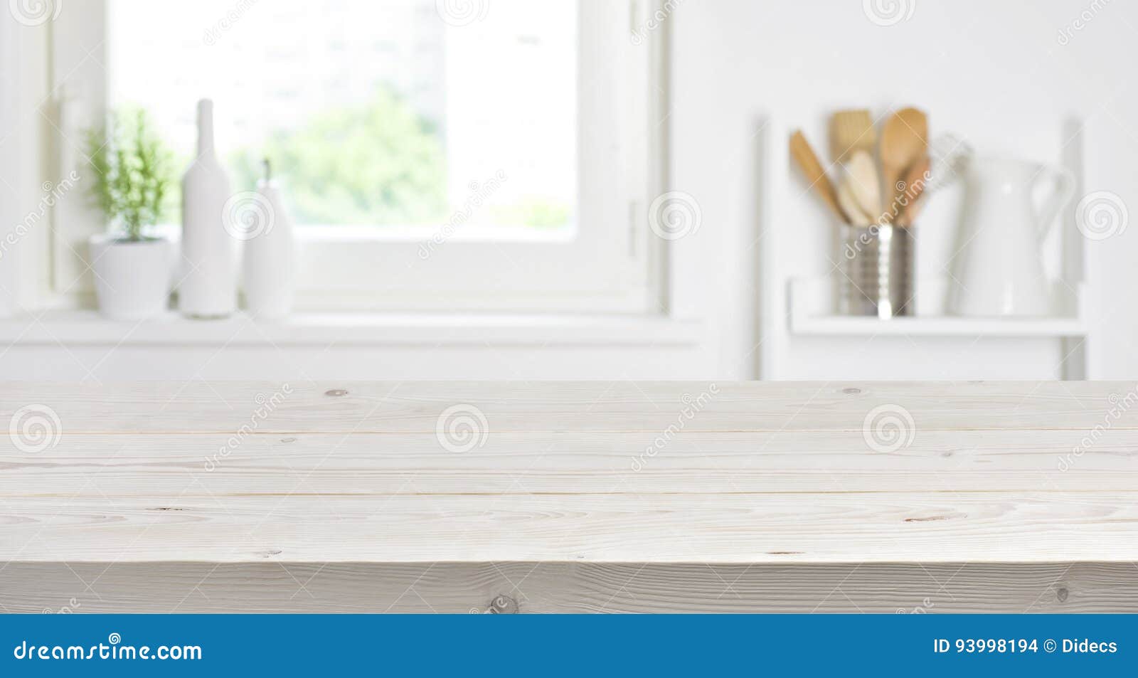 Wooden Table on Blurred Background of Kitchen Window and Shelves Stock ...