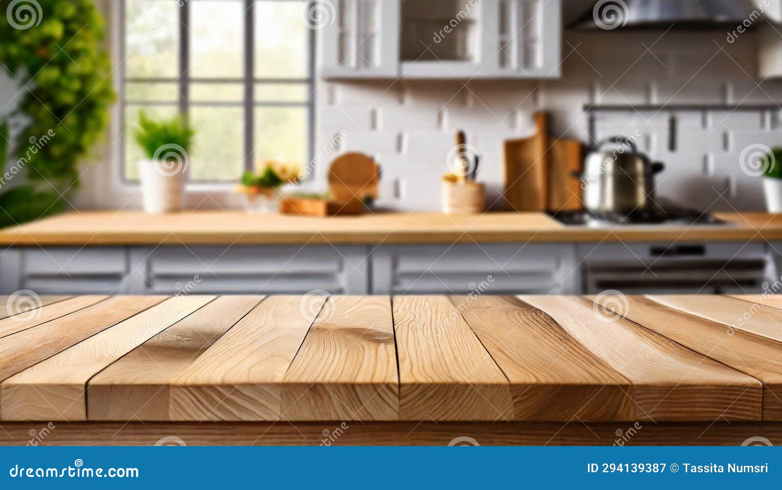 Wooden Table on Blurred Kitchen Bench Background. Empty Wooden Table ...