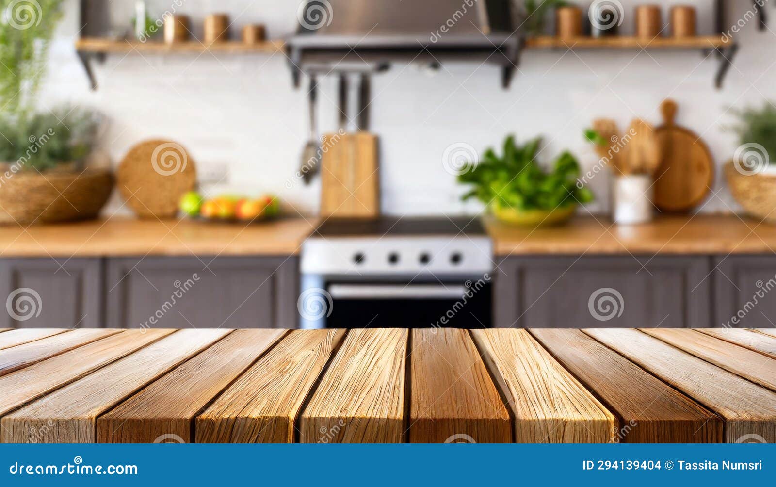Wooden Table on Blurred Kitchen Bench Background. Empty Wooden Table ...