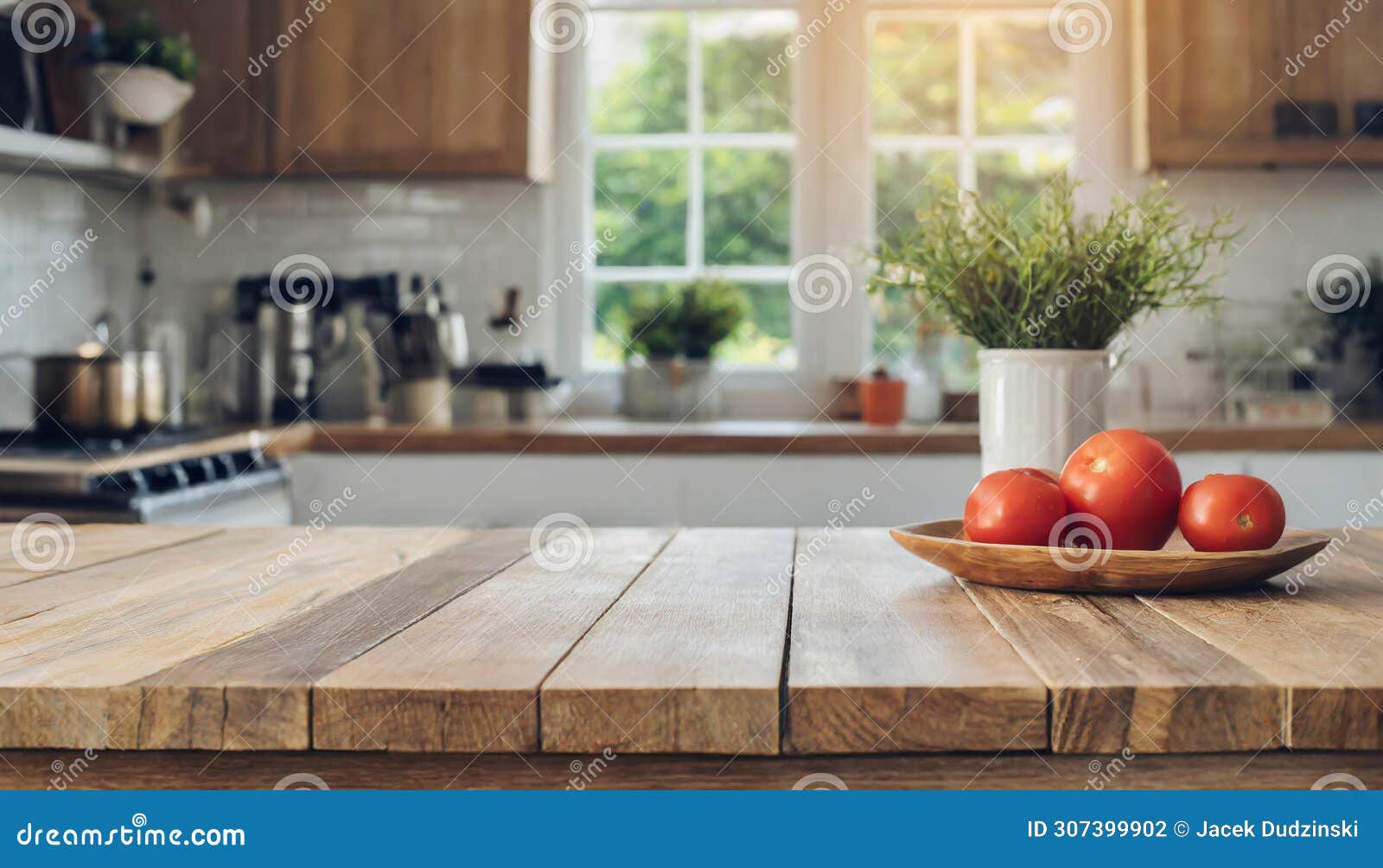 Wooden Table on Blurred Kitchen Bench Background. Empty Wooden Table ...