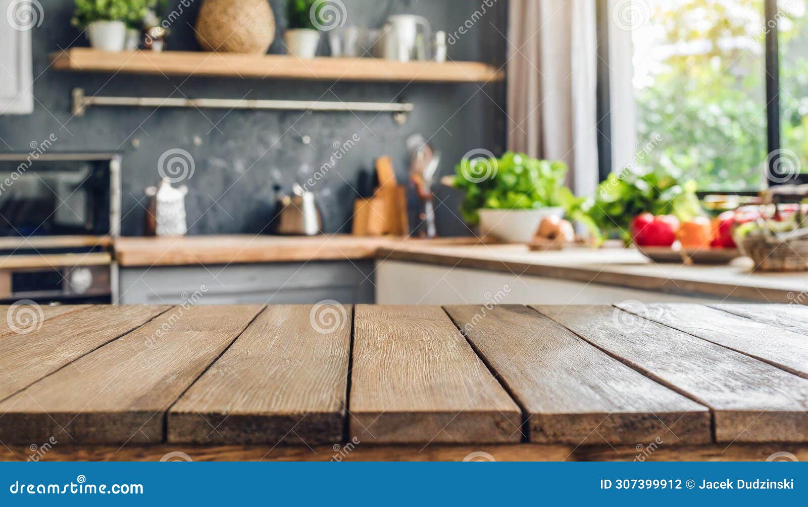 Wooden Table on Blurred Kitchen Bench Background. Empty Wooden Table ...