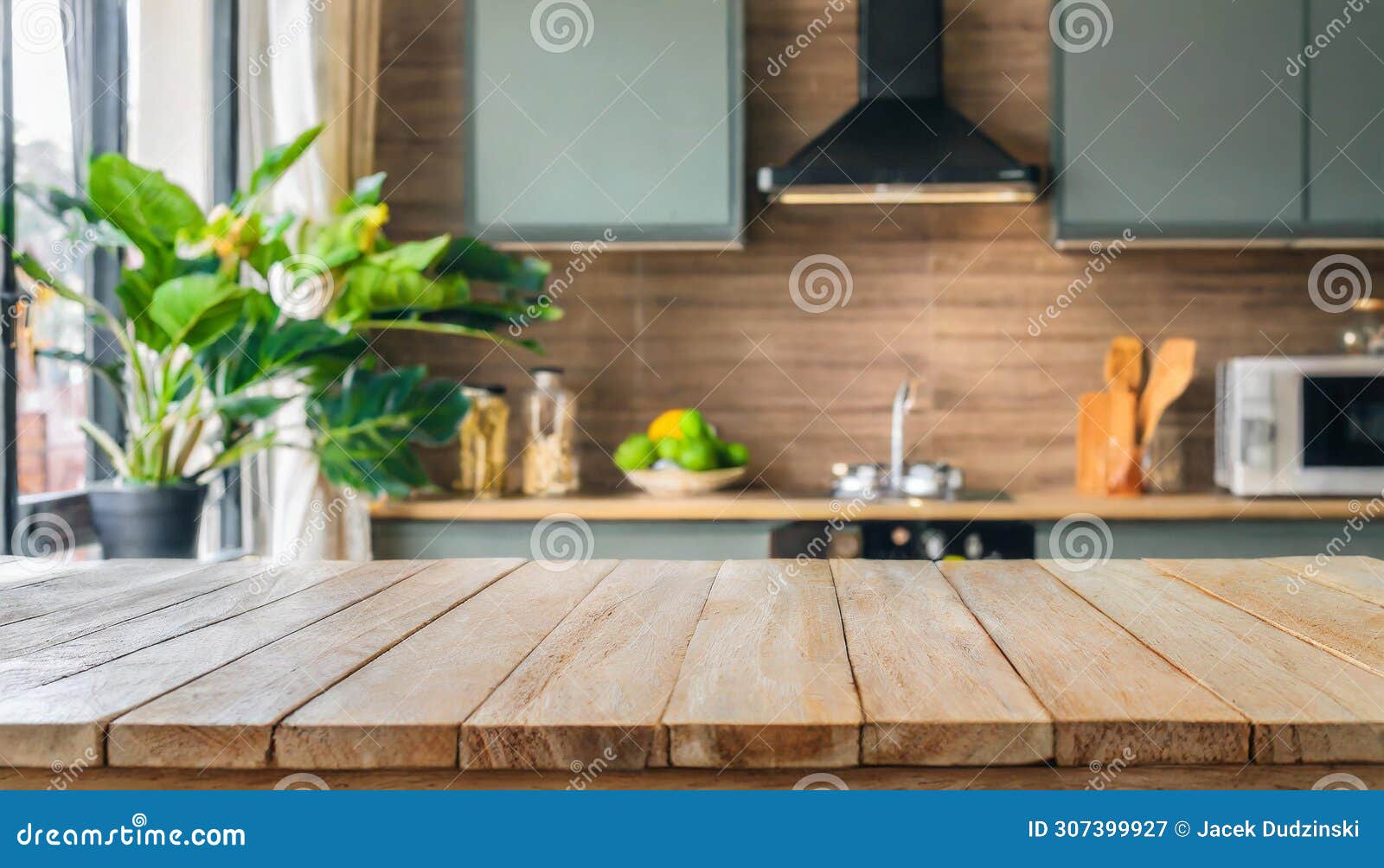 Wooden Table on Blurred Kitchen Bench Background. Empty Wooden Table ...