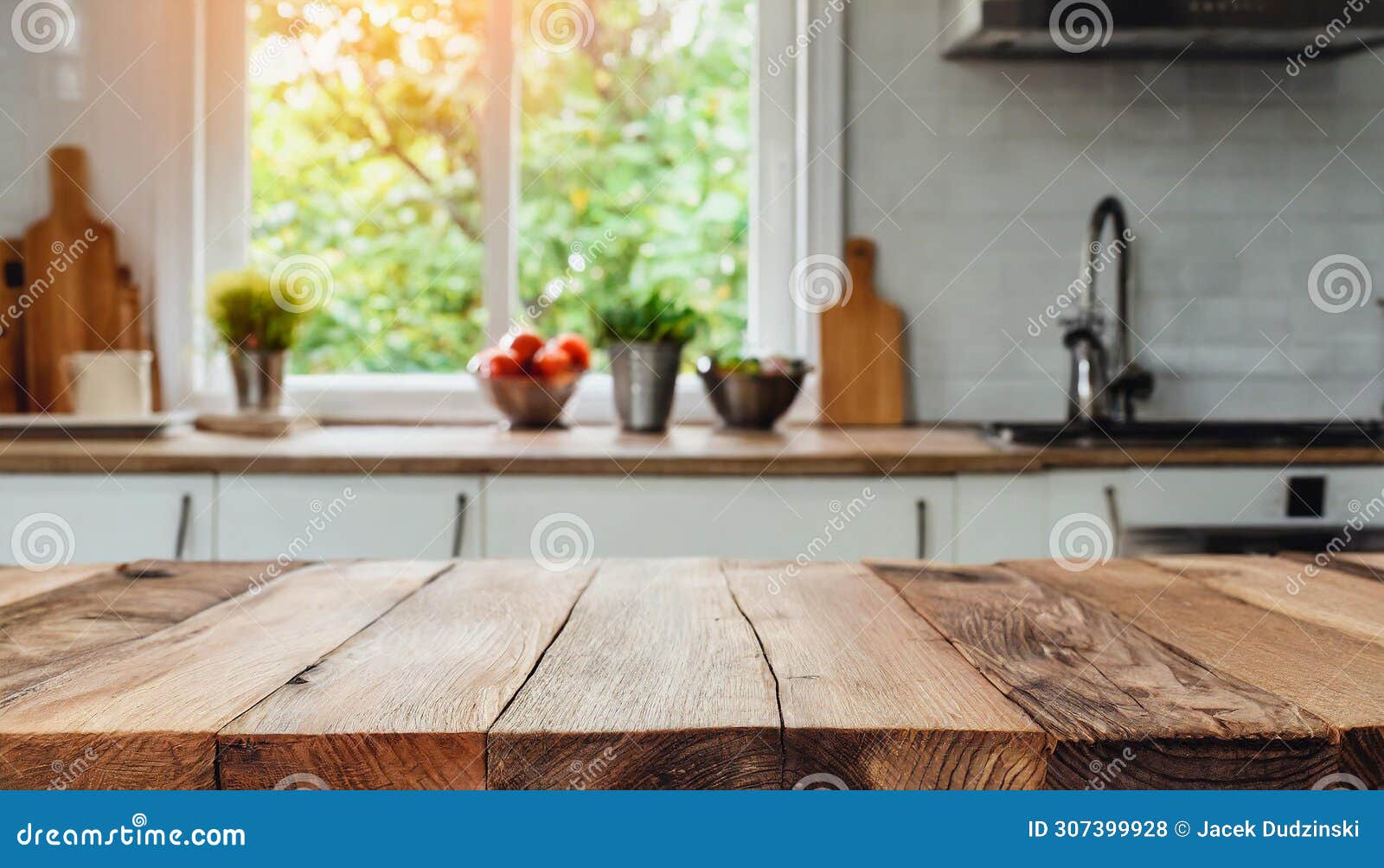 Wooden Table on Blurred Kitchen Bench Background. Empty Wooden Table ...