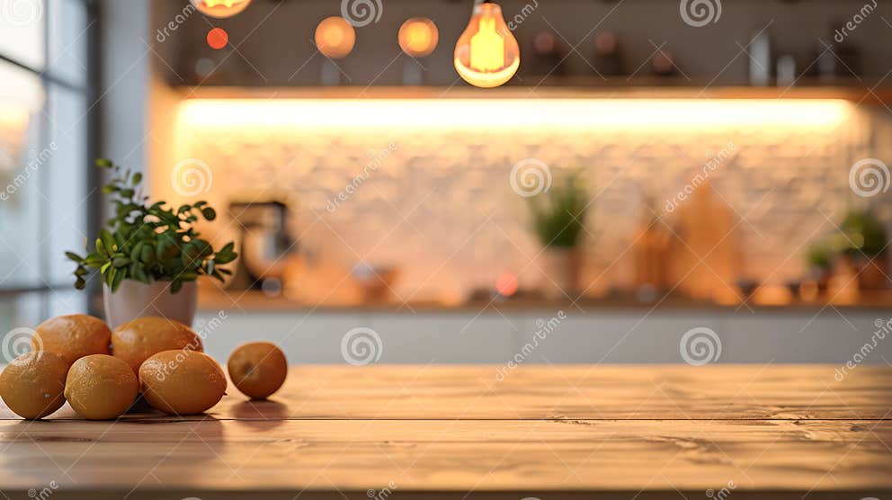 Wooden Table on Blurred Kitchen Bench Background. Empty Wooden Table ...
