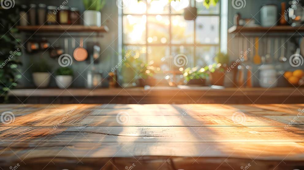 Wooden Table on Blurred Kitchen Bench Background. Empty Wooden Table ...