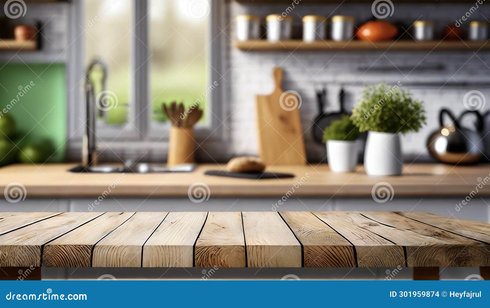Wooden Table on Blurred Kitchen Bench Background. Empty Wooden Table ...