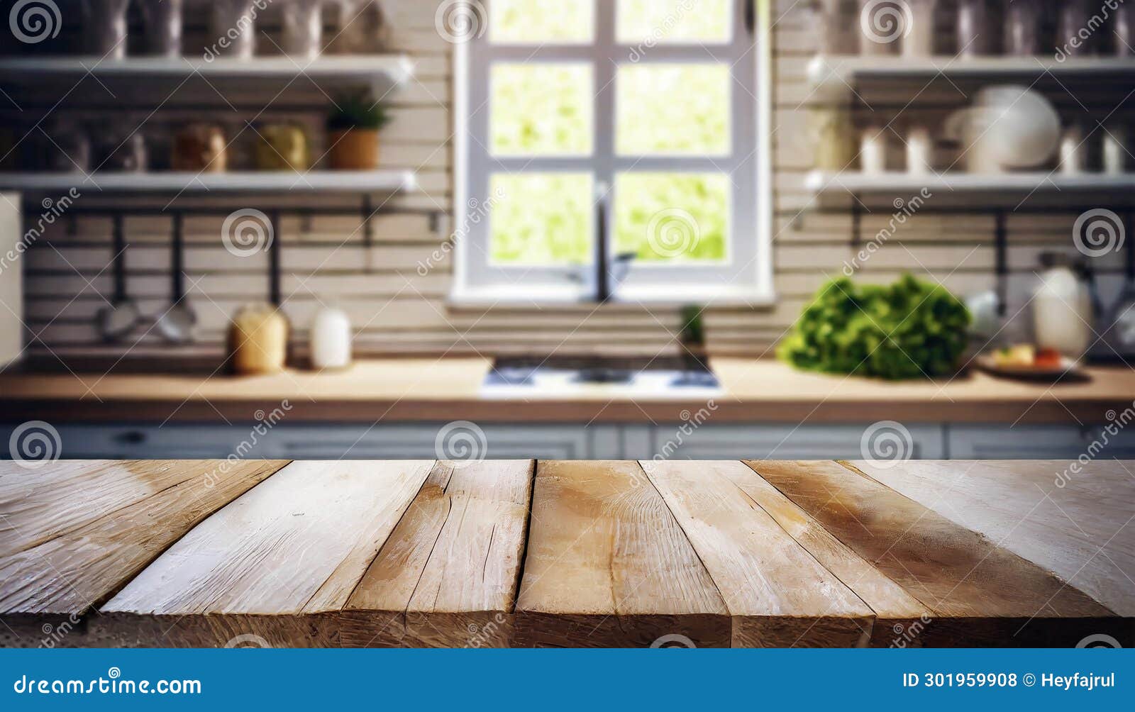 Wooden Table on Blurred Kitchen Bench Background. Empty Wooden Table ...
