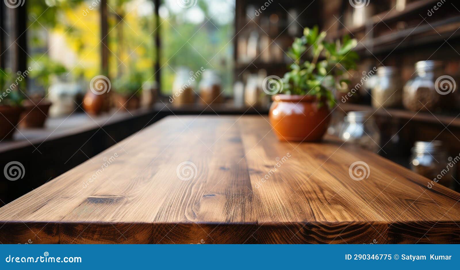 Wooden Table on Blurred Kitchen Bench Background Generative AI Stock ...
