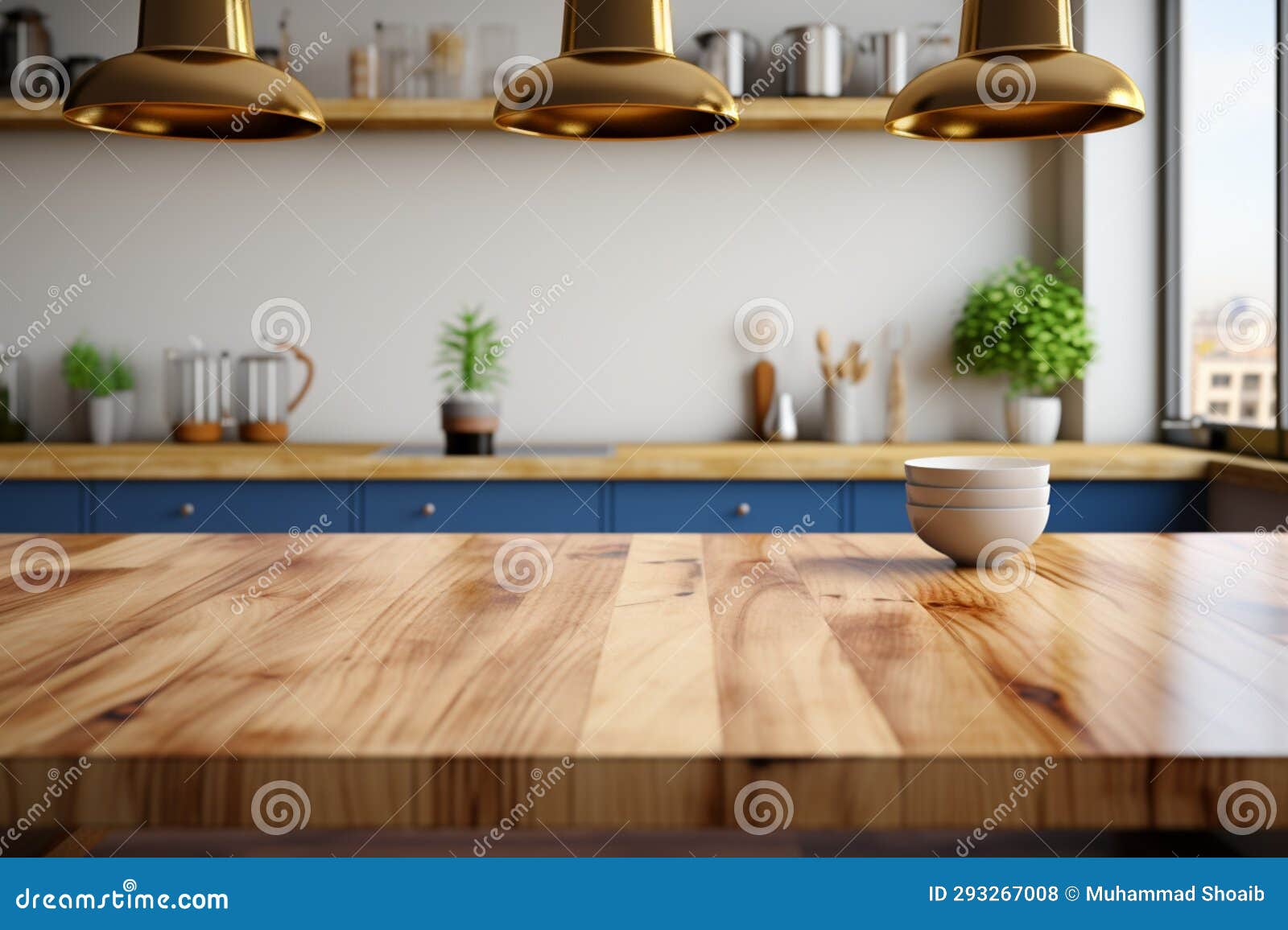 Wooden Table and a Blurred Kitchen Counter Against a White Wall Stock ...