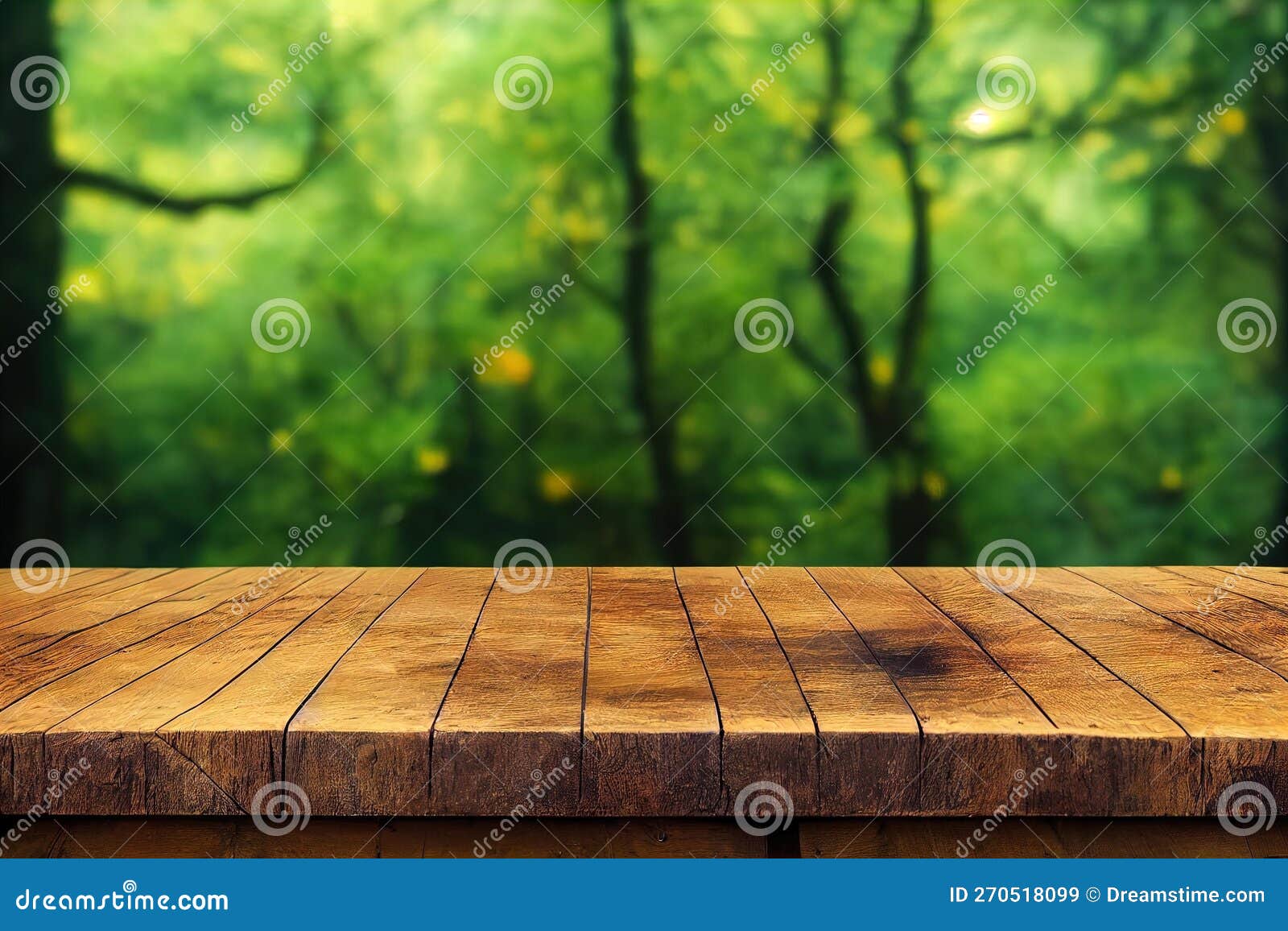 A Wooden Table with a Blurry Background of Trees in the Background ...