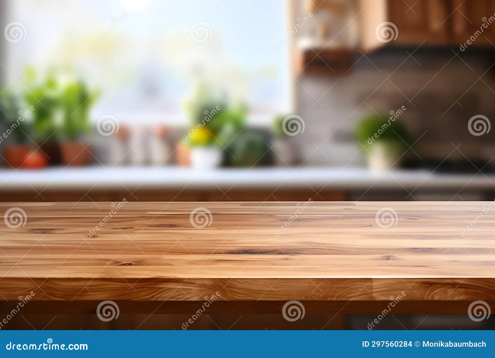 Empty Wooden Table with Blurry Kitchen in Background Stock Illustration ...