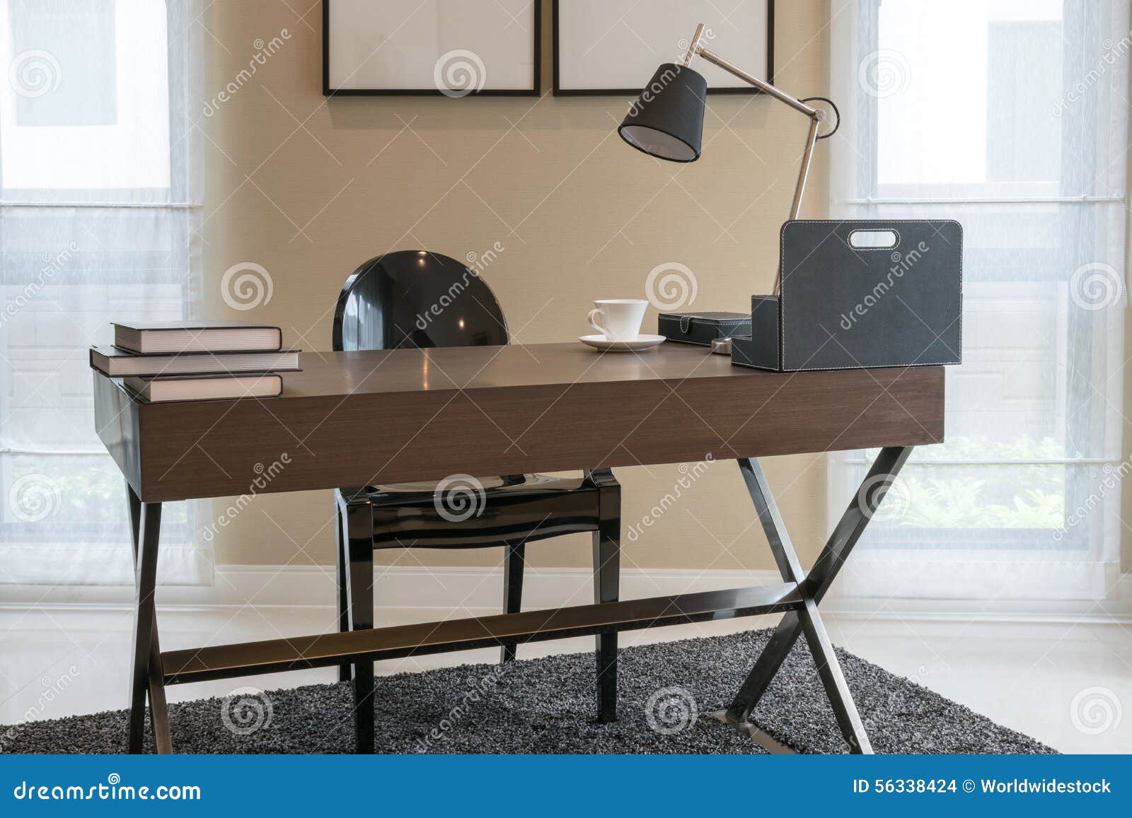 Wooden Table and Books in Modern Working Room Stock Photo - Image of ...