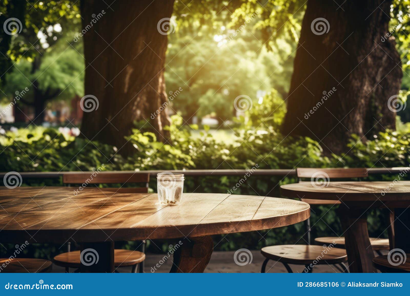 Wooden Table in a Cafe Outdoors, Under the Trees Stock Illustration ...