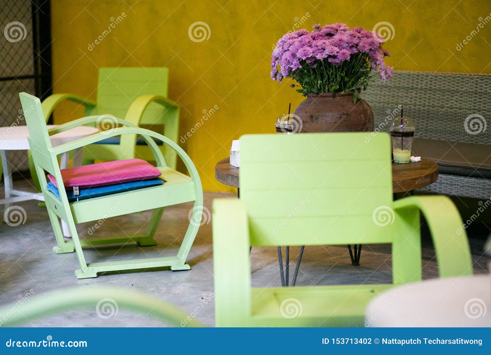 Wooden Table and Chair Set in the Coffee Shop Stock Photo - Image of ...