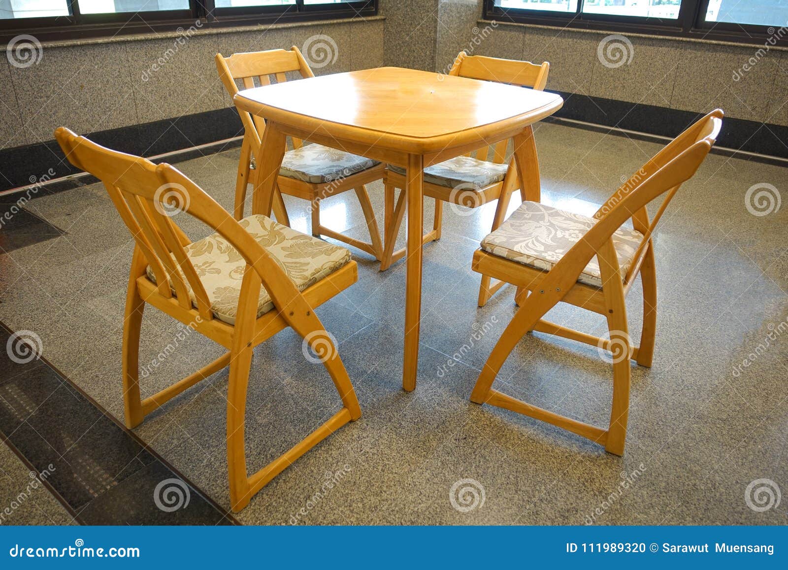 Wooden table and chairs stock photo. Image of banner - 111989320