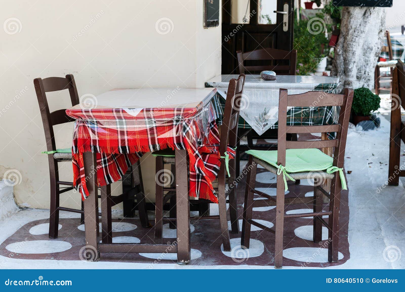 Wooden Table with Chairs at Traditional Greek Cafe Stock Photo - Image ...
