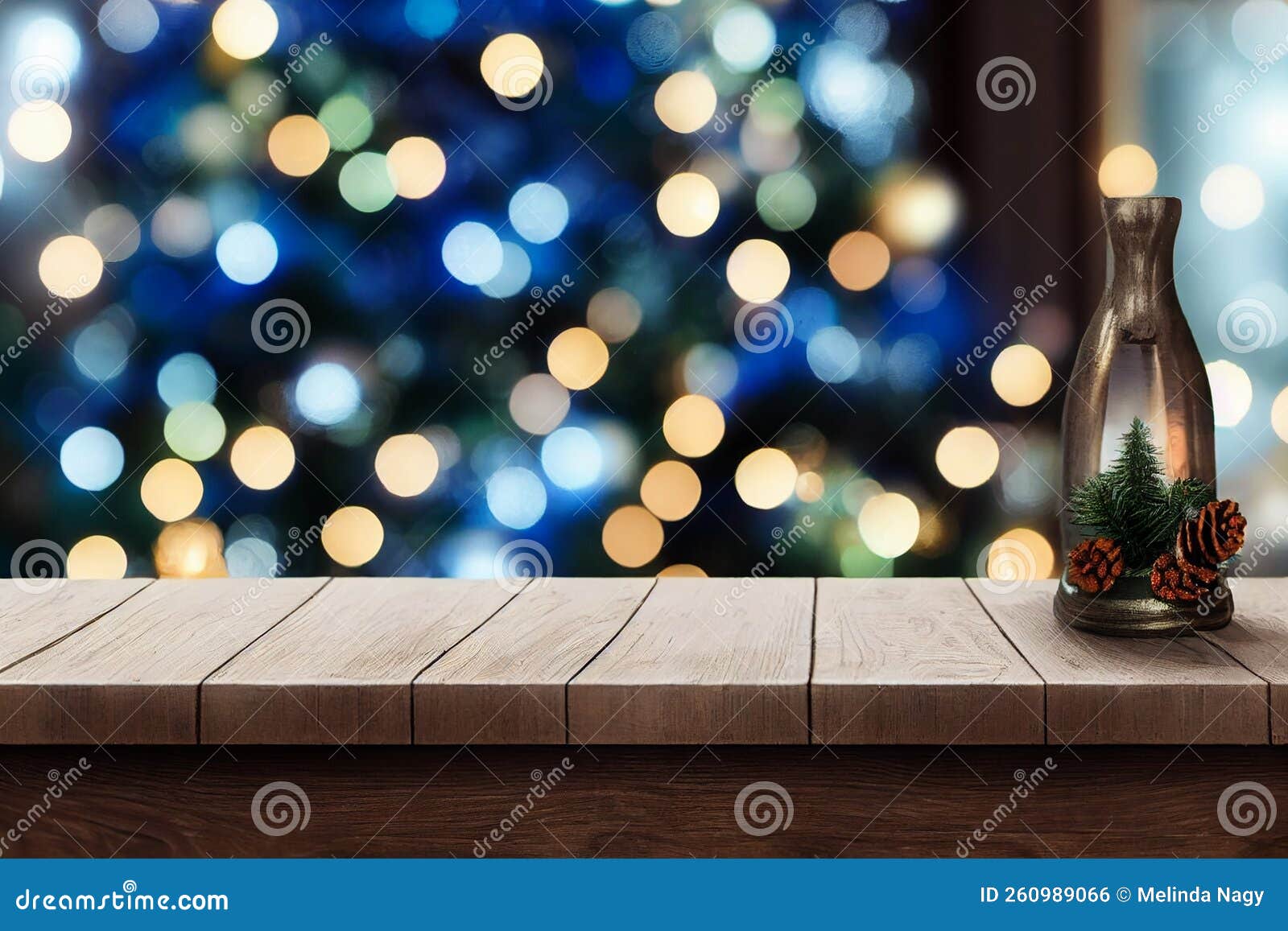 Wooden Table and Christmas Lights in Background Stock Illustration ...