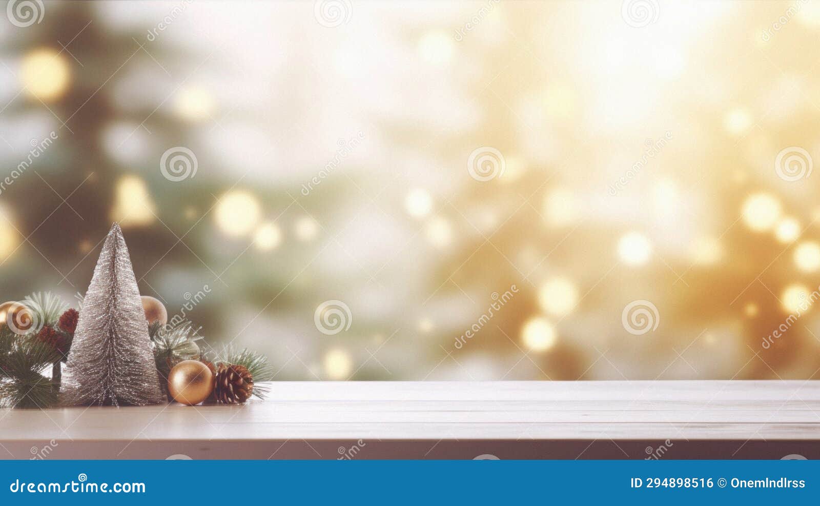 Wooden Table and Christmas Tree with Bokeh Background . Stock Photo ...