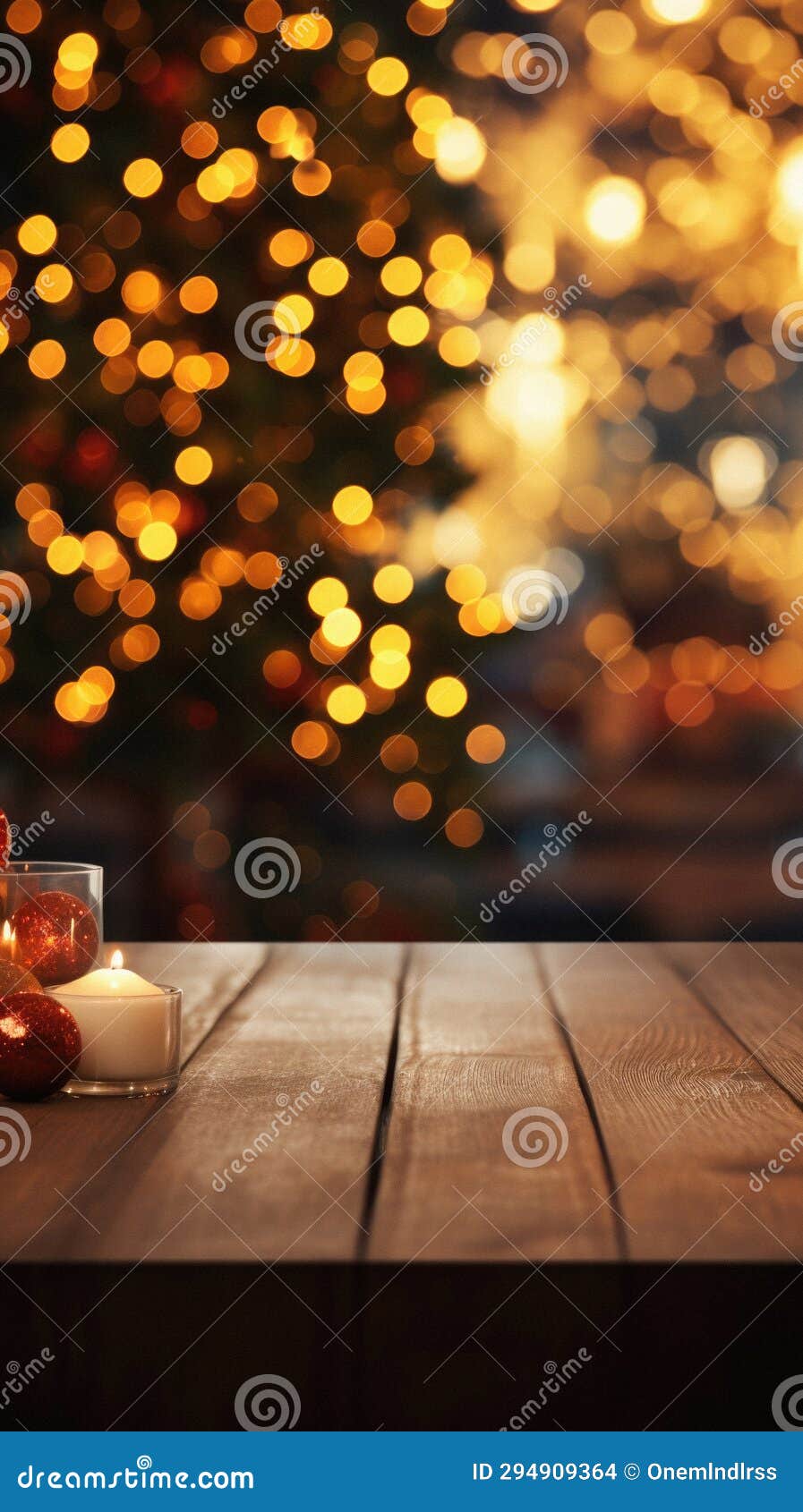Wooden Table with Christmas Tree and Bokeh Lights Background Stock ...