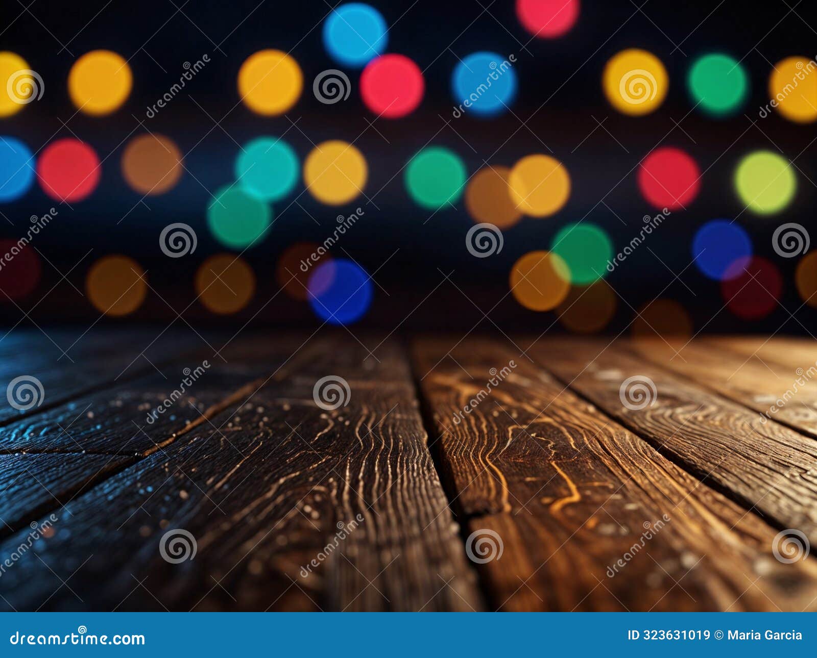 Ai Generated. Wooden Table with Colored Light Bokeh Backdrop Stock ...