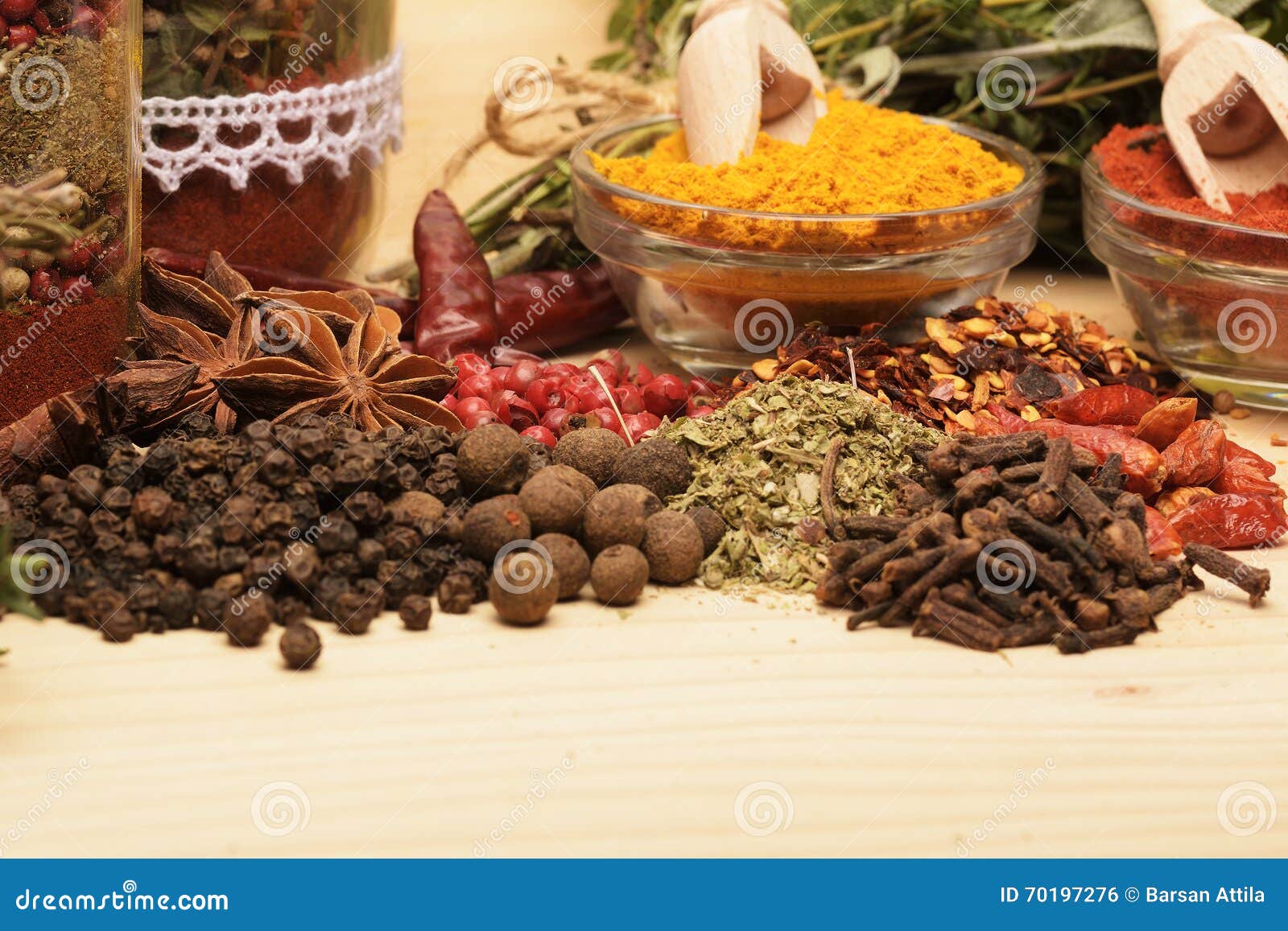 Wooden Table of Colorful Spices Stock Photo - Image of herb, aroma ...