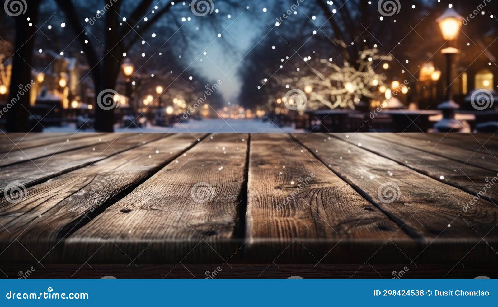 Wooden Table Covered with Snow Empty Space with an Illuminated ...