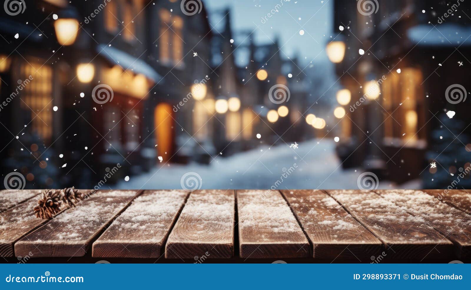 Wooden Table Covered with Snow Empty Space with an Illuminated ...
