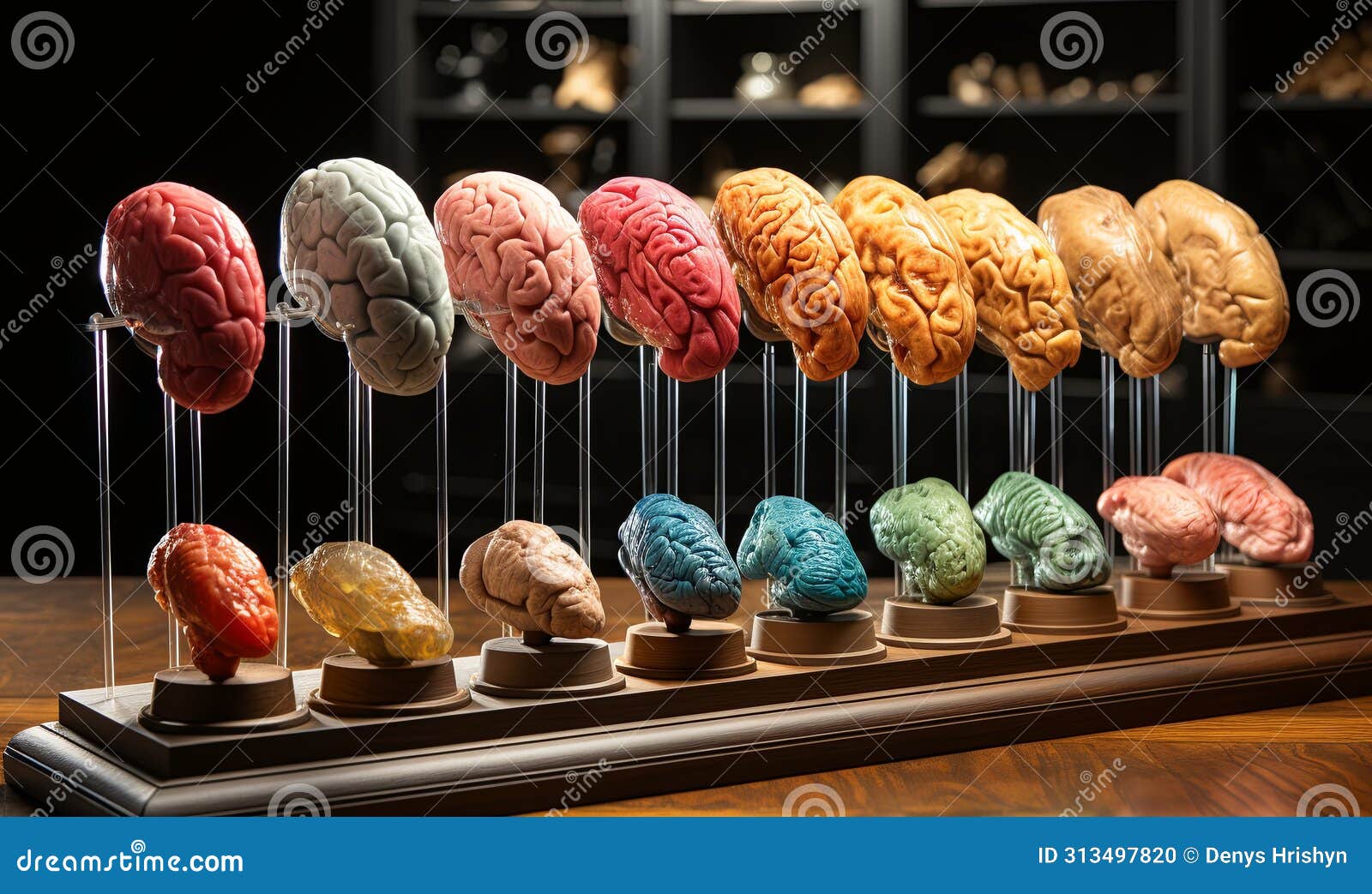 Wooden Table Covered with Various Colored Brain Models Stock Photo ...