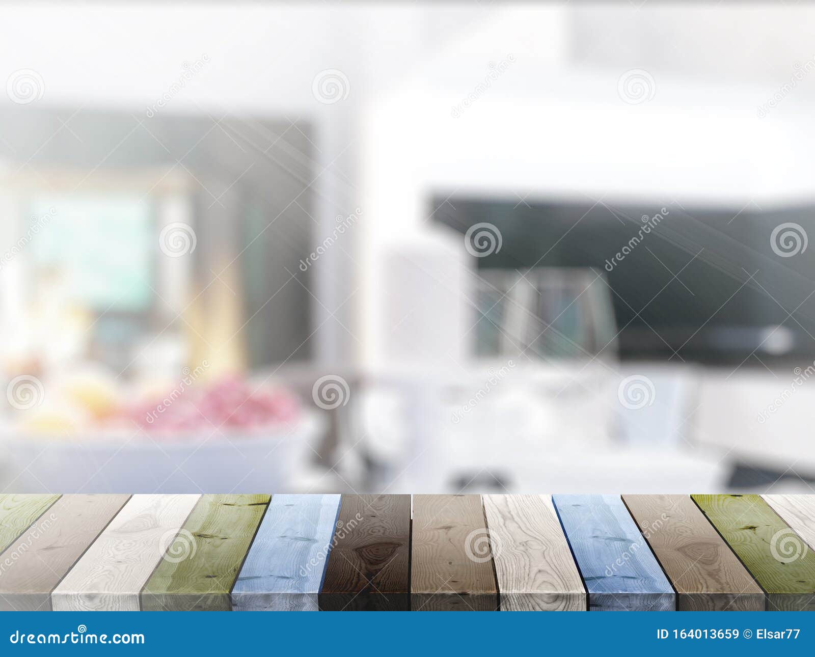 Table on Defocuced Interior Background. 3D Rendering Stock Illustration ...