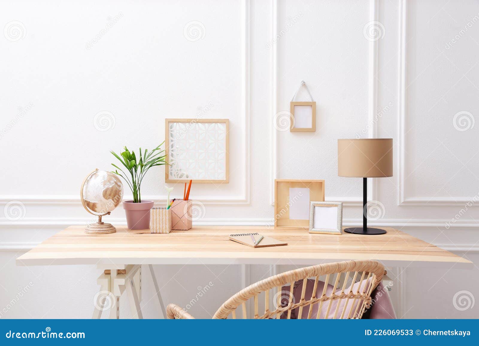 Wooden Table with Desk Lamp in Room. Interior Stock Image - Image of ...