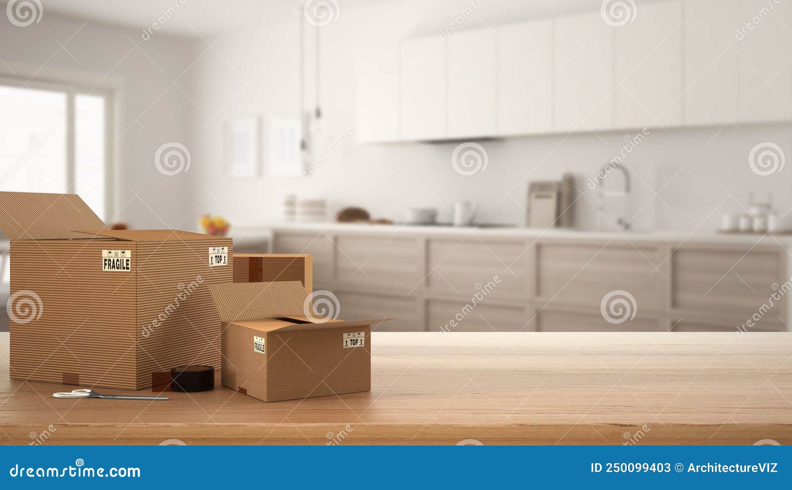 Wooden Table, Desk or Shelf with Stack of Cardboard Boxes Over Blurred ...