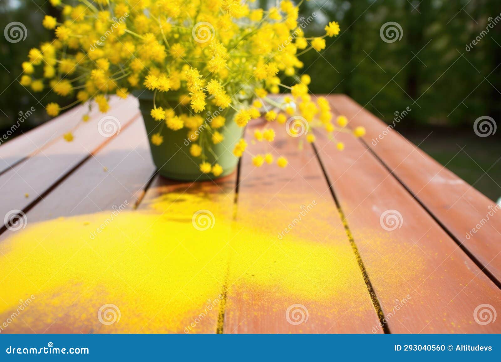 Wooden Table Dusted with Coat of Yellow Pollen Stock Photo - Image of ...
