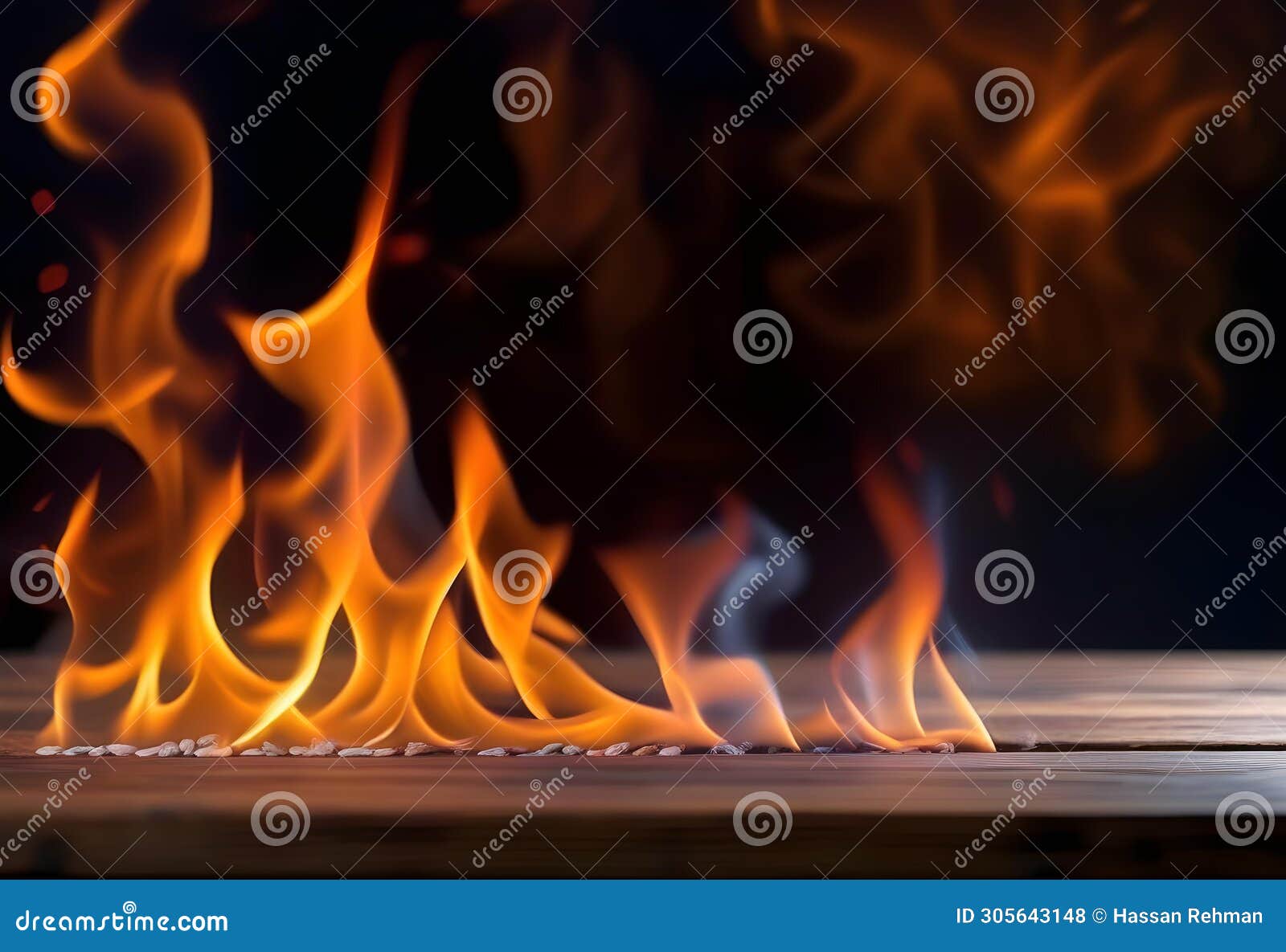 Wooden Table with Fire Burning at the Edge of the Table, Fire Particles ...
