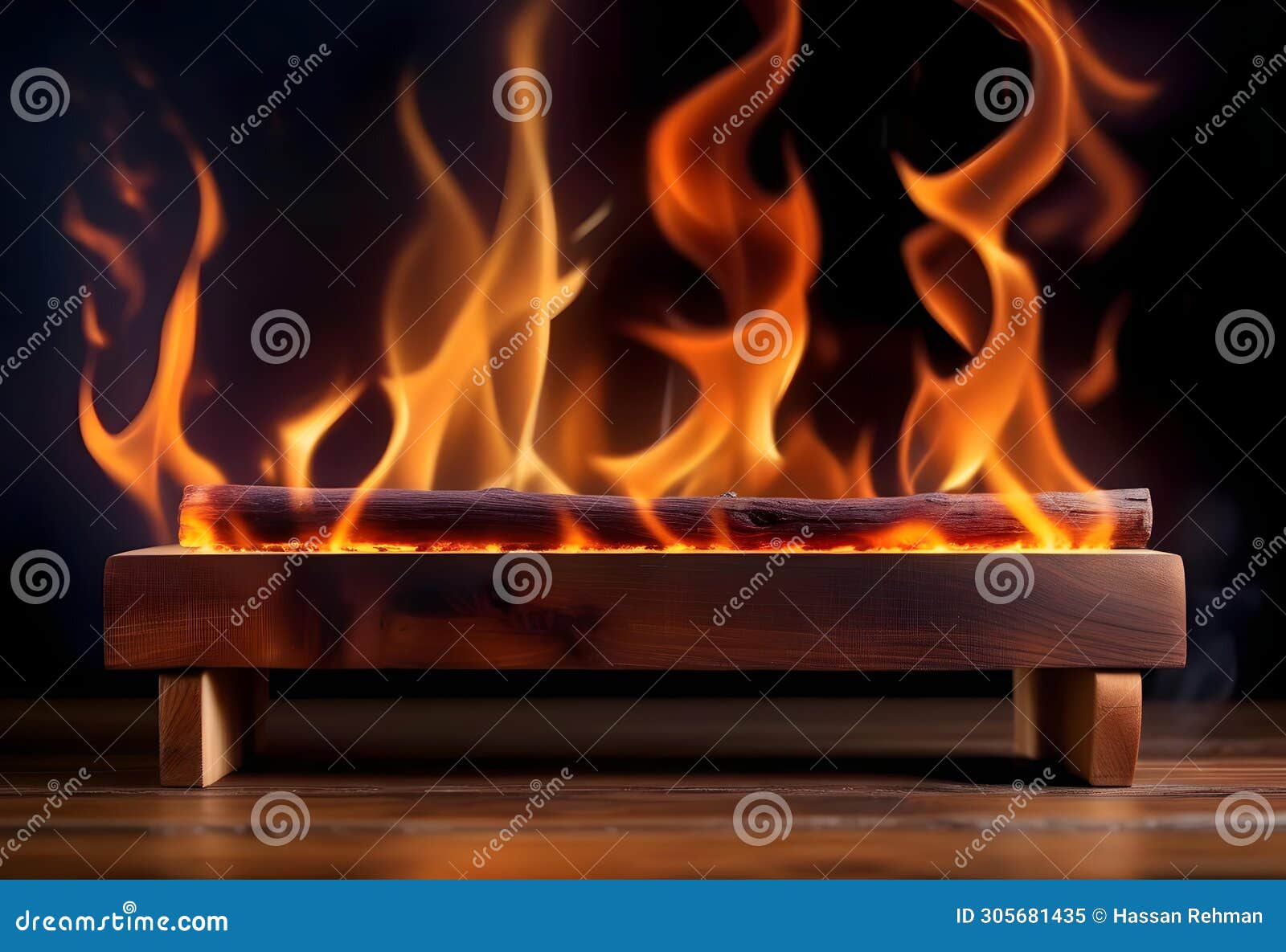 Wooden Table with Fire Burning at the Edge of the Table, Fire Particles ...