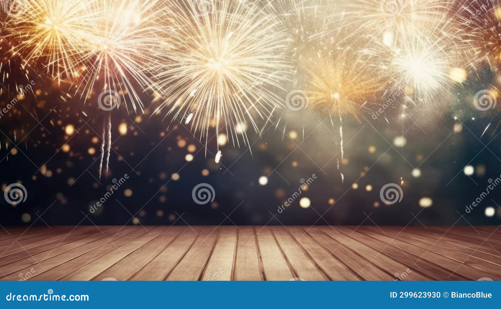 Wooden Table or Floor Empty with New Year Firework in Background ...