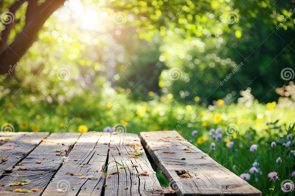 Wooden Table in Forest Setting with Sunlight Filtering through. Stock ...