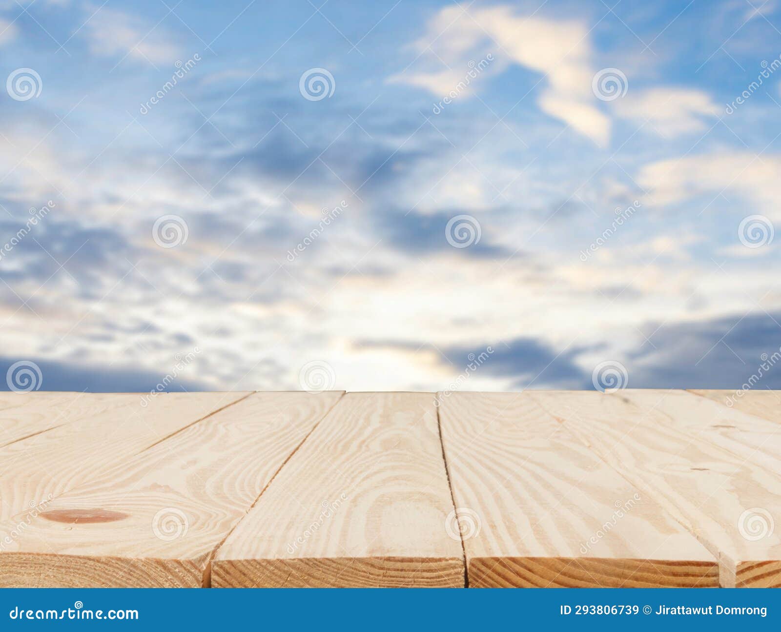 Wooden Table in Front of Abstract Blurred of Blue Sky Background Stock ...