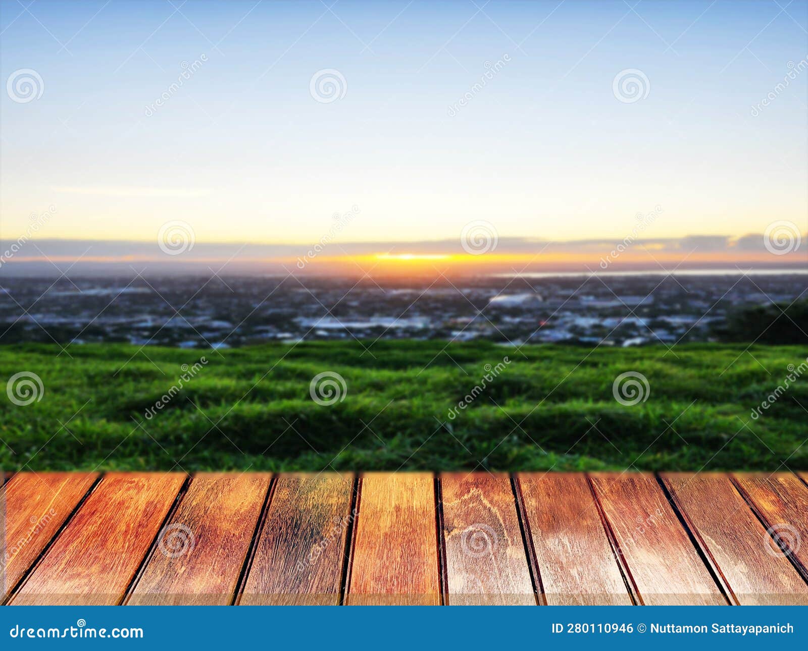 Wooden Table at the Front and Top View of Sunset from the Mountain As ...