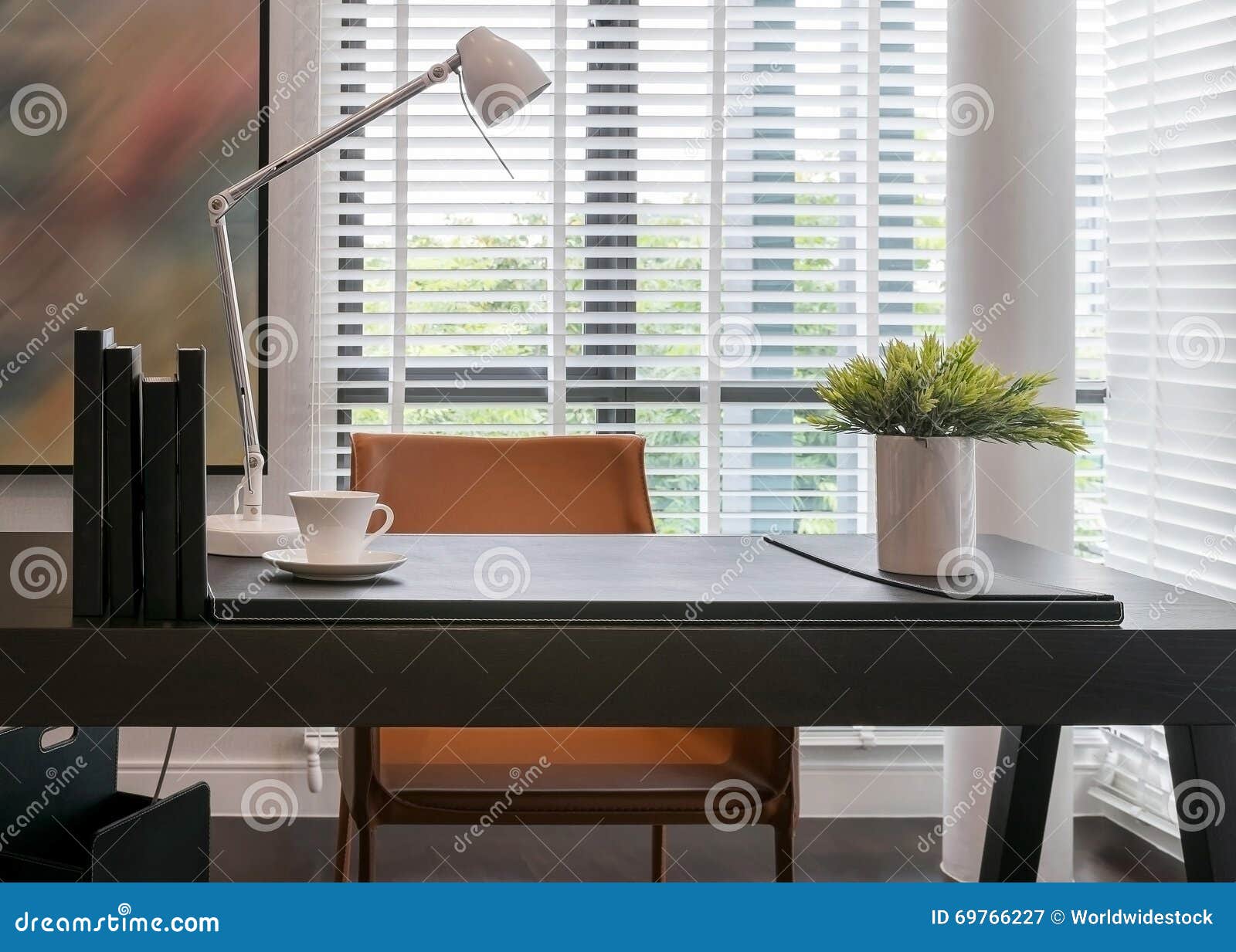 Wooden Table with Lamp and Books in Modern Working Room Stock Image ...