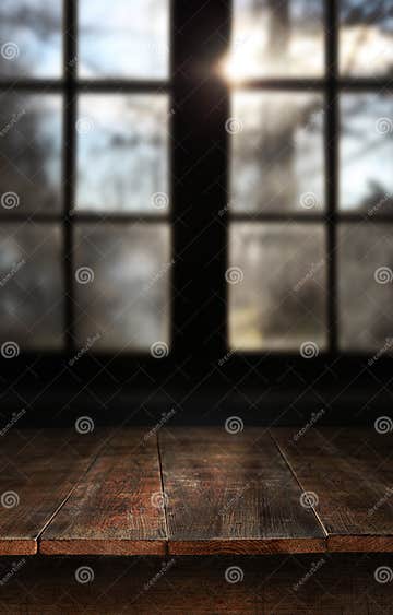 Wooden Table with Large Window Stock Image - Image of empty, grunge ...