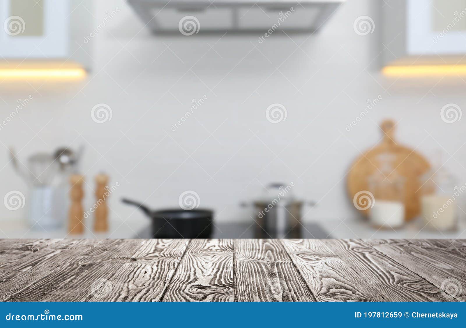 Wooden Table in Light Kitchen. Space for Design Stock Image - Image of ...