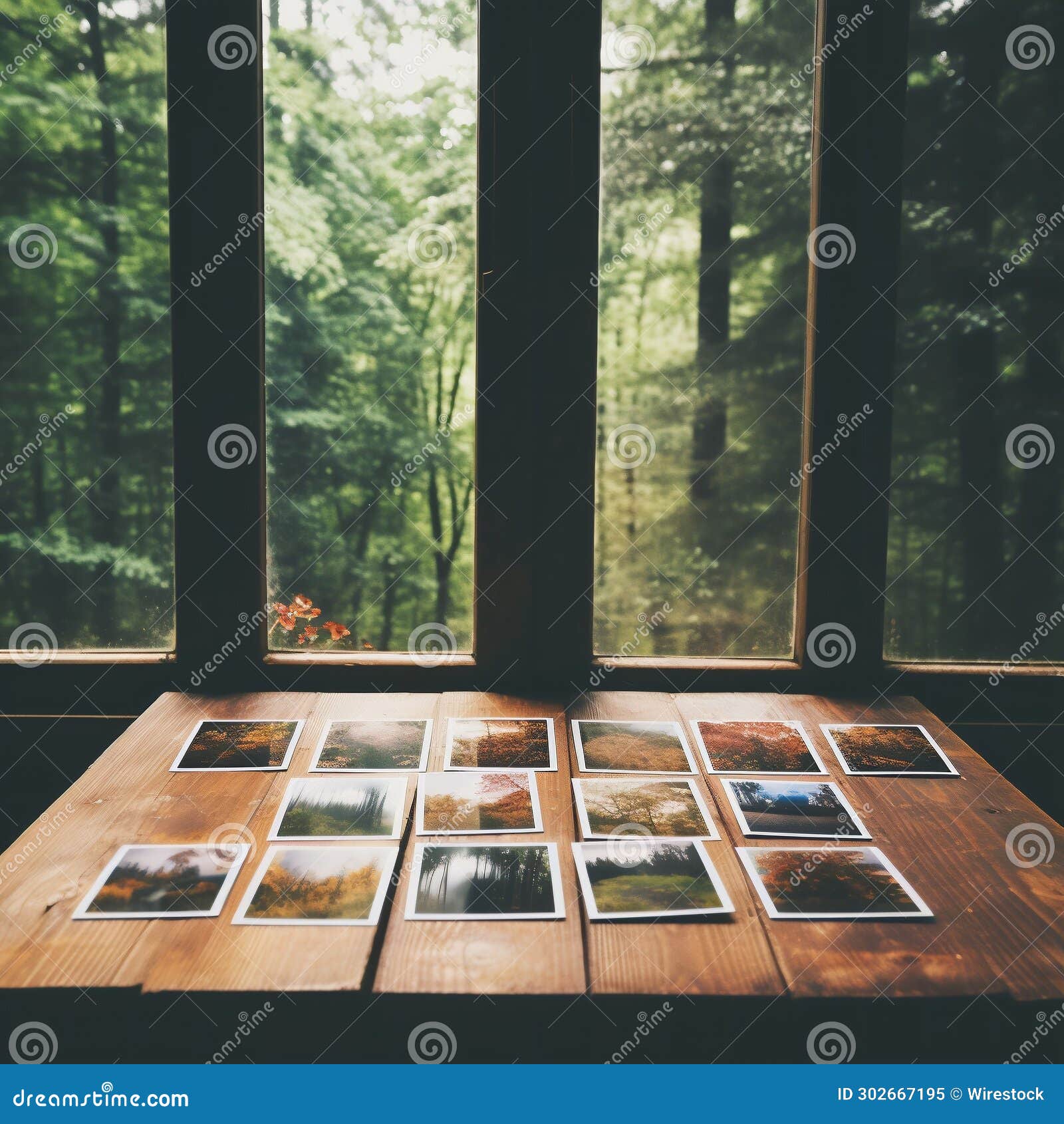Wooden Table with Multiple Photographs Arranged on Its Surface. AI ...