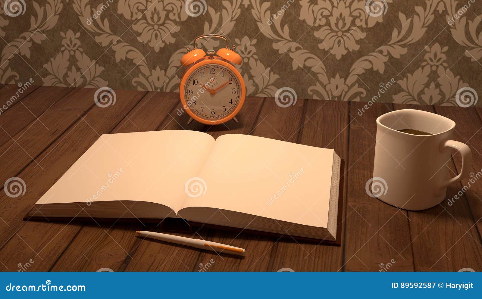 Wooden Table with Notebook, Pen, Coffee and Desk Clock. Stock Image ...