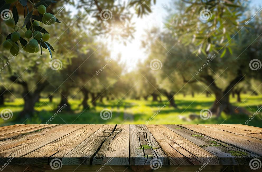 Wooden Table with Olive Tree in Background Stock Image - Image of ...