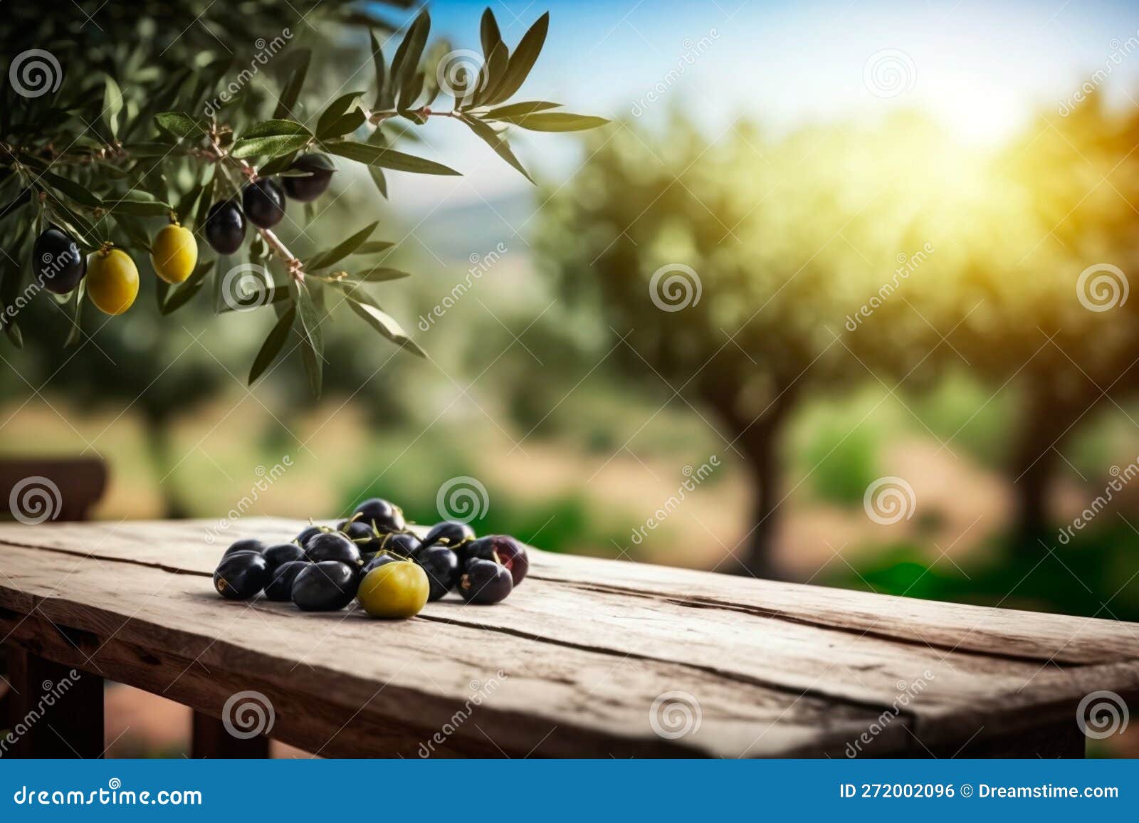 Wooden Table with Olive Trees Created with Ai Generative Tools Stock ...