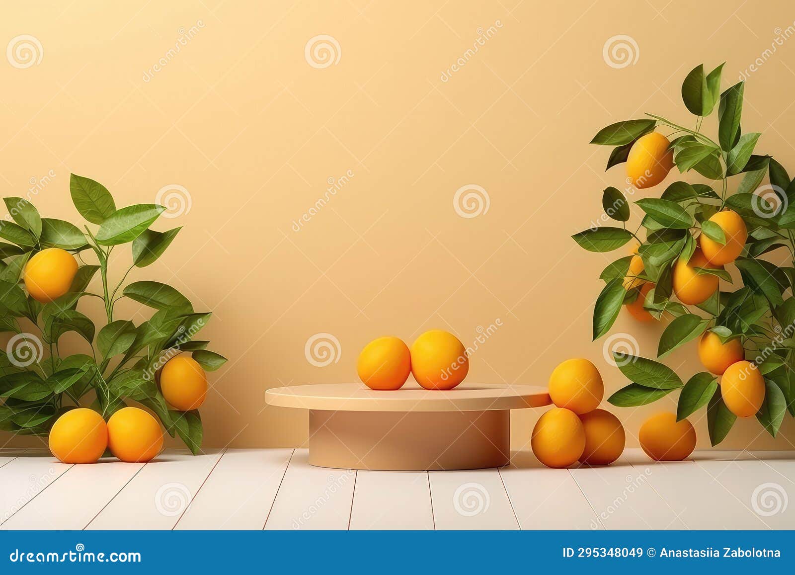 Wooden Table and Orange Trees Create Product Display Stock Illustration ...
