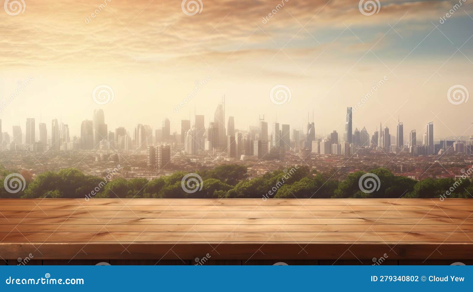 Wooden Table Overlooking a Panoramic City View Stock Illustration ...